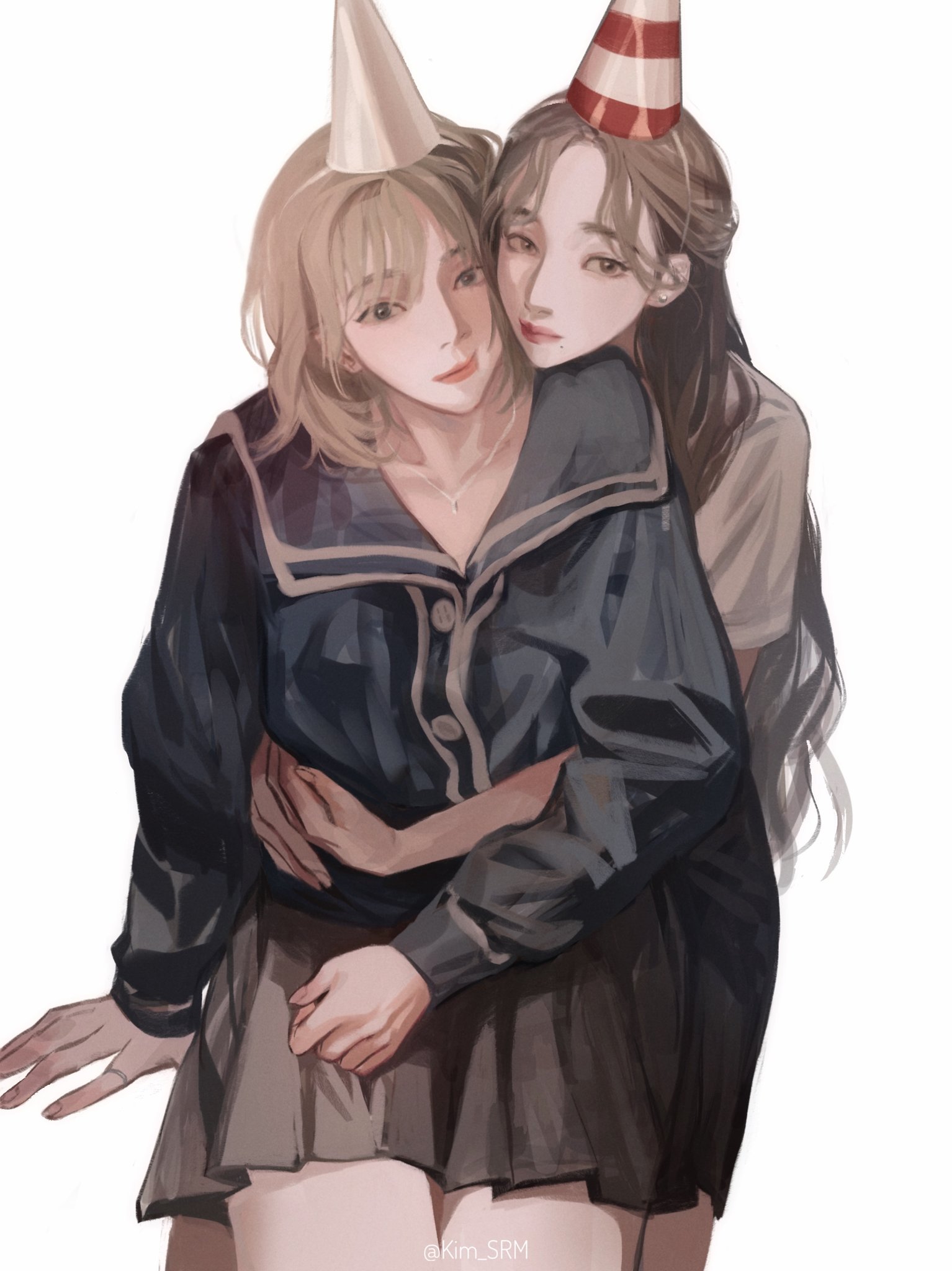 Safebooru - 2girls aespa black eyes blonde hair blue skirt brown eyes brown hair cheek-to-cheek ...