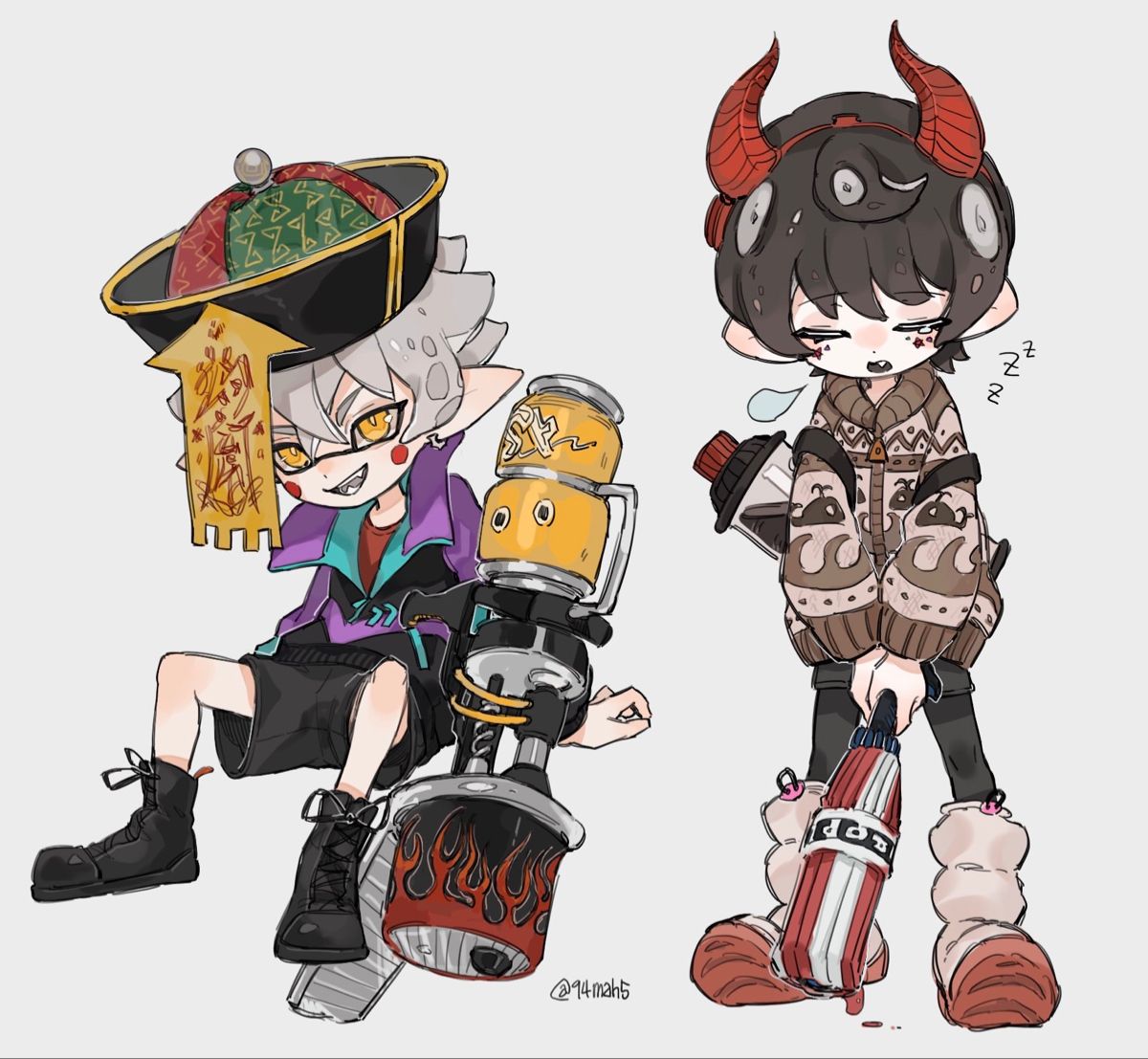 Safebooru - 2boys 94mah5 alternate species black hair blaster (splatoon ...