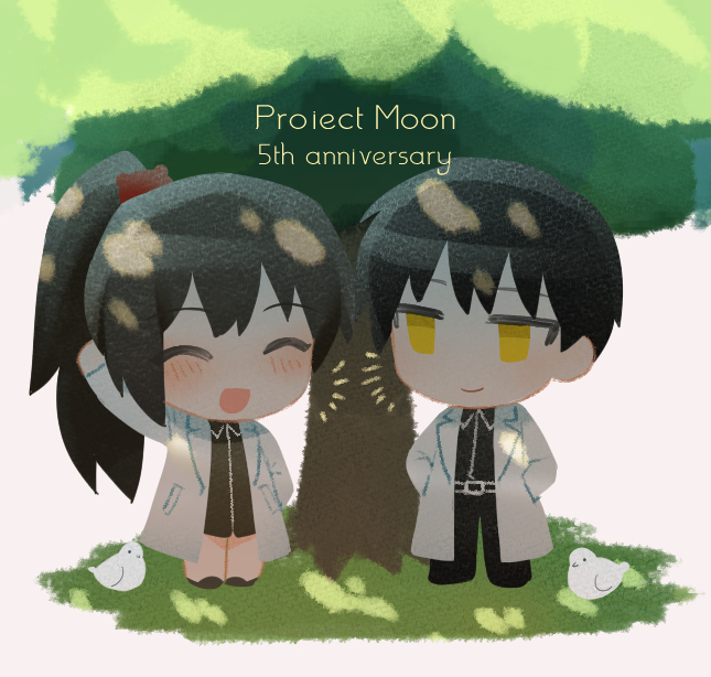 Safebooru - 1boy 1girl anniversary ayin (project moon) bird black hair black pants black shirt ...
