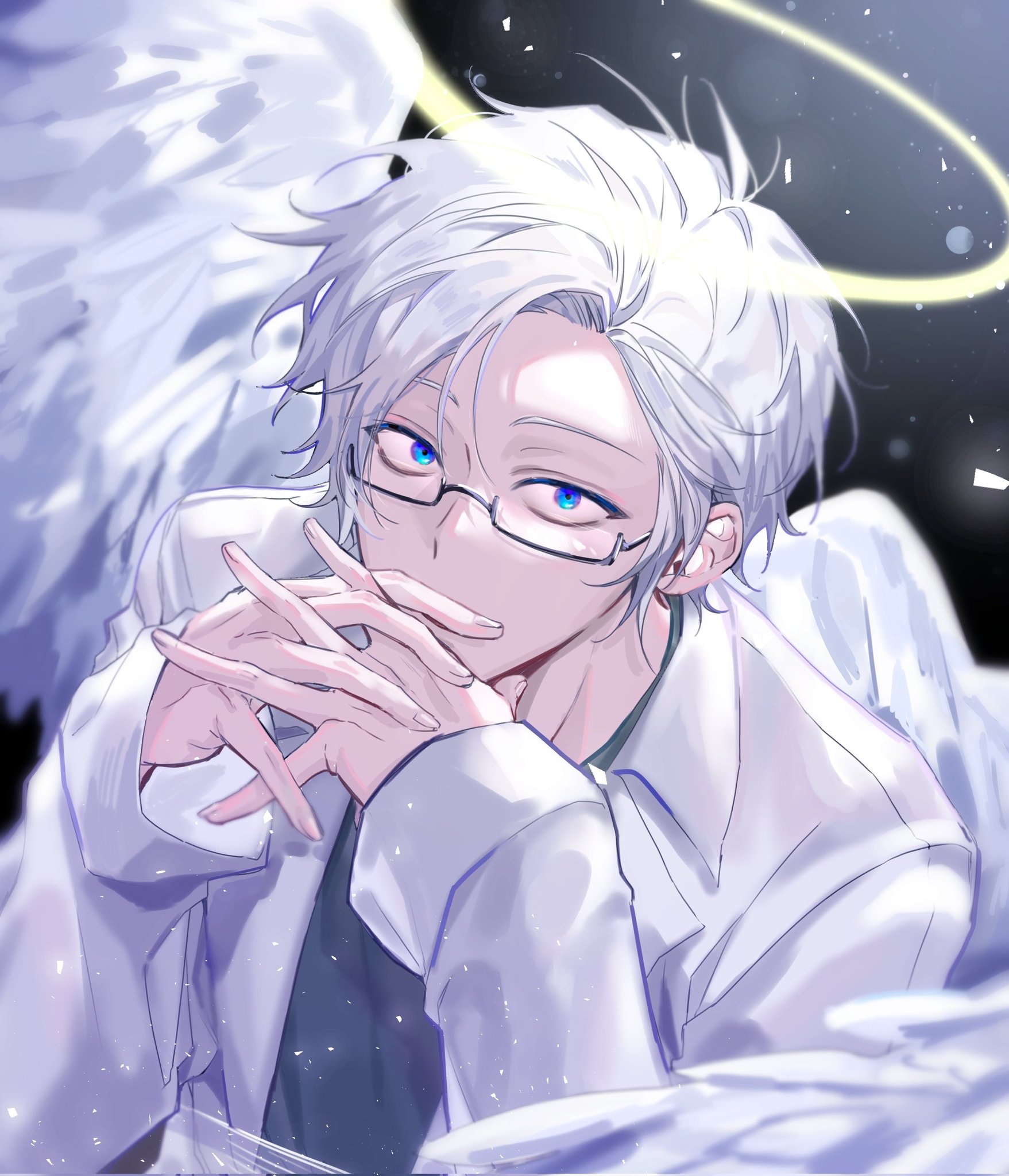 Safebooru - 1boy angel angel wings blue eyes commentary request glasses ...