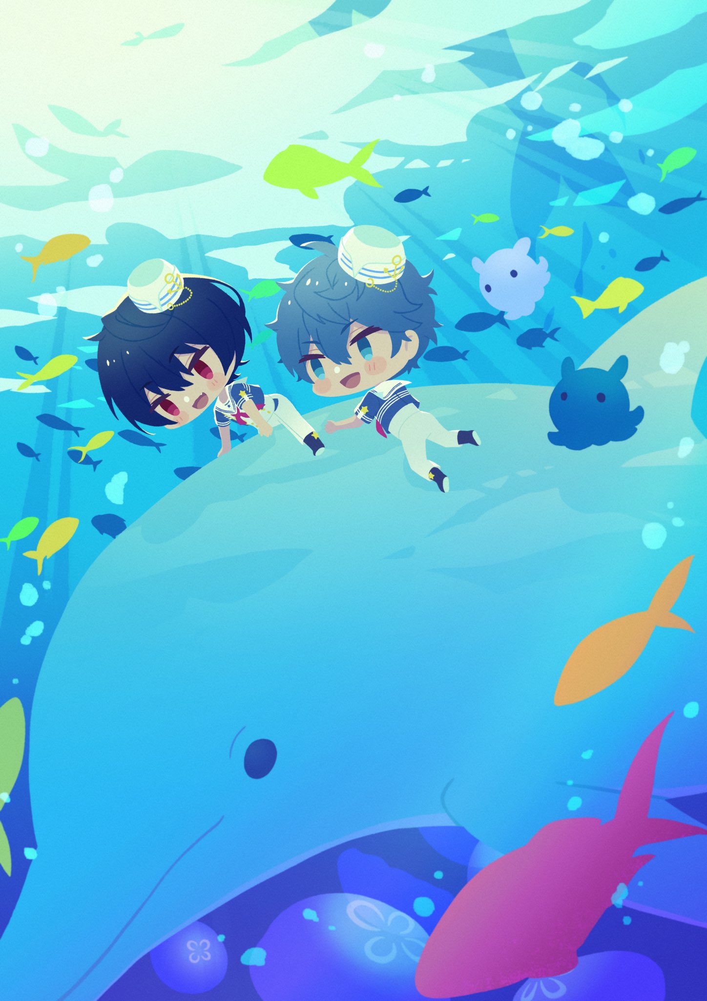 Safebooru - 2boys air bubble animal black hair blue eyes blush stickers ...