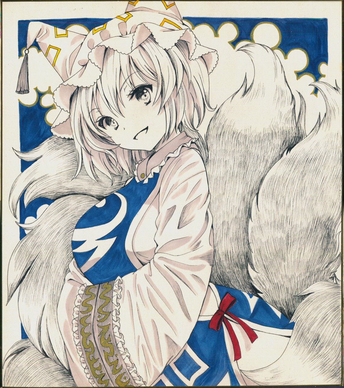 Safebooru - 1girl :d blue background blue tabard border breasts ...