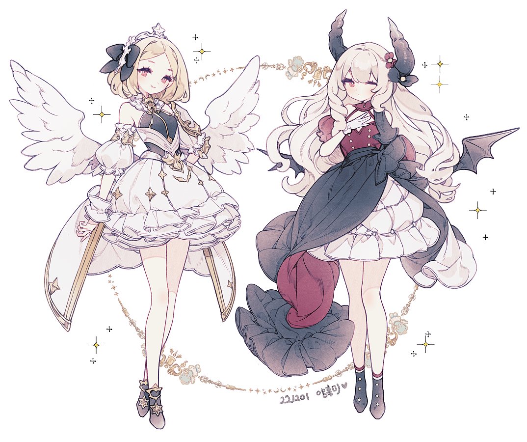 Safebooru - 2021 2girls ;o angel angel and devil angel wings bare legs bare shoulders black bow ...