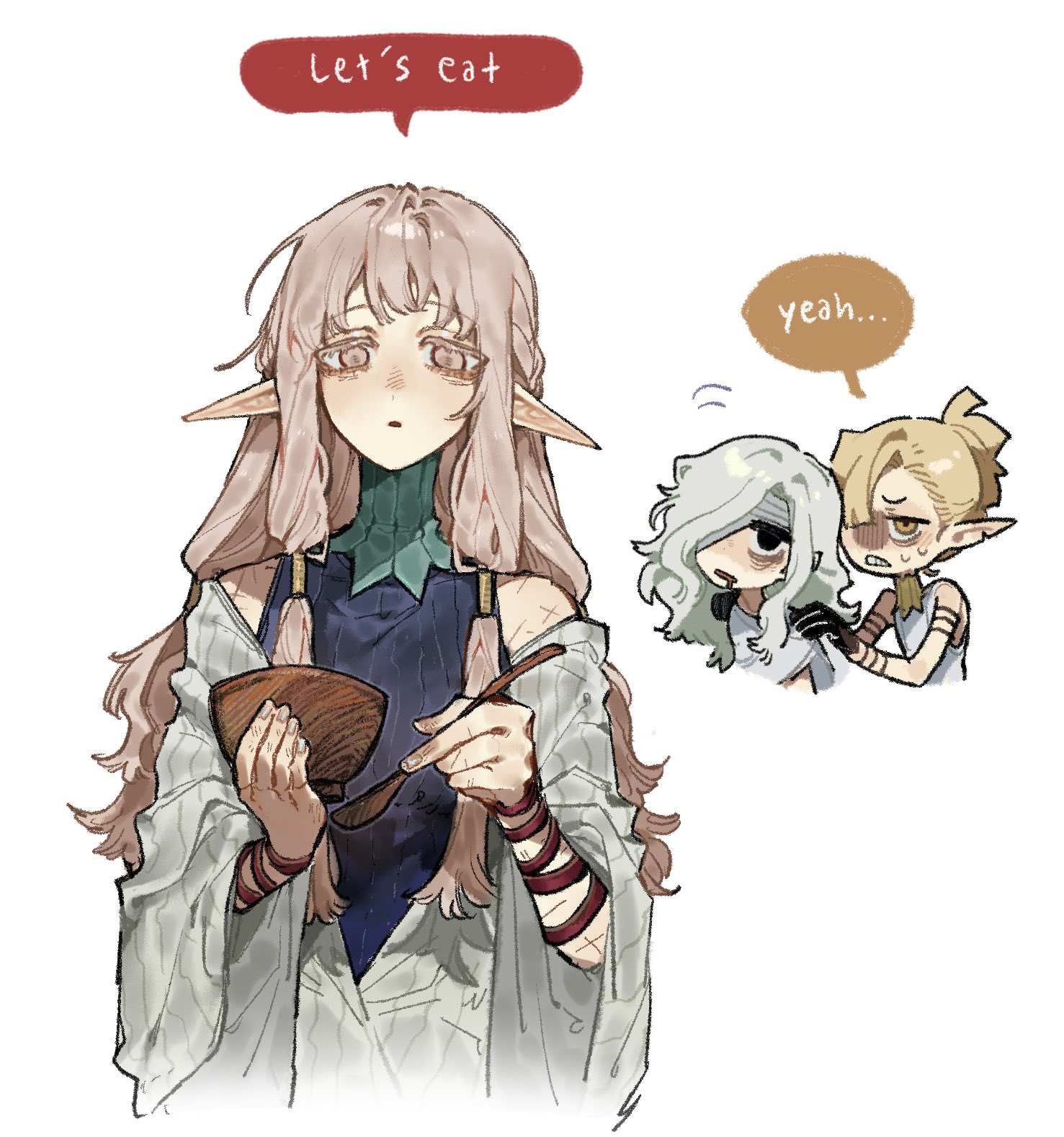 Safebooru - 1girl 2boys bags under eyes bandage over one eye black eyes blonde hair bowl ...