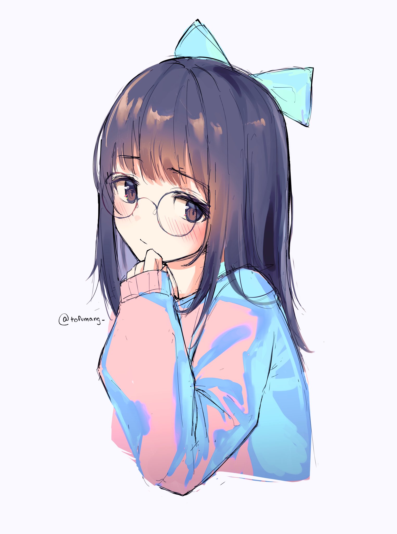 Safebooru - 1girl black hair blue bow blunt bangs blush bow closed mouth commentary cropped ...