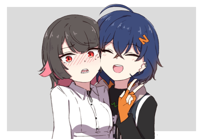 Safebooru - 2girls ahoge belle (zenless zone zero) black hair black shirt blue hair blush ...