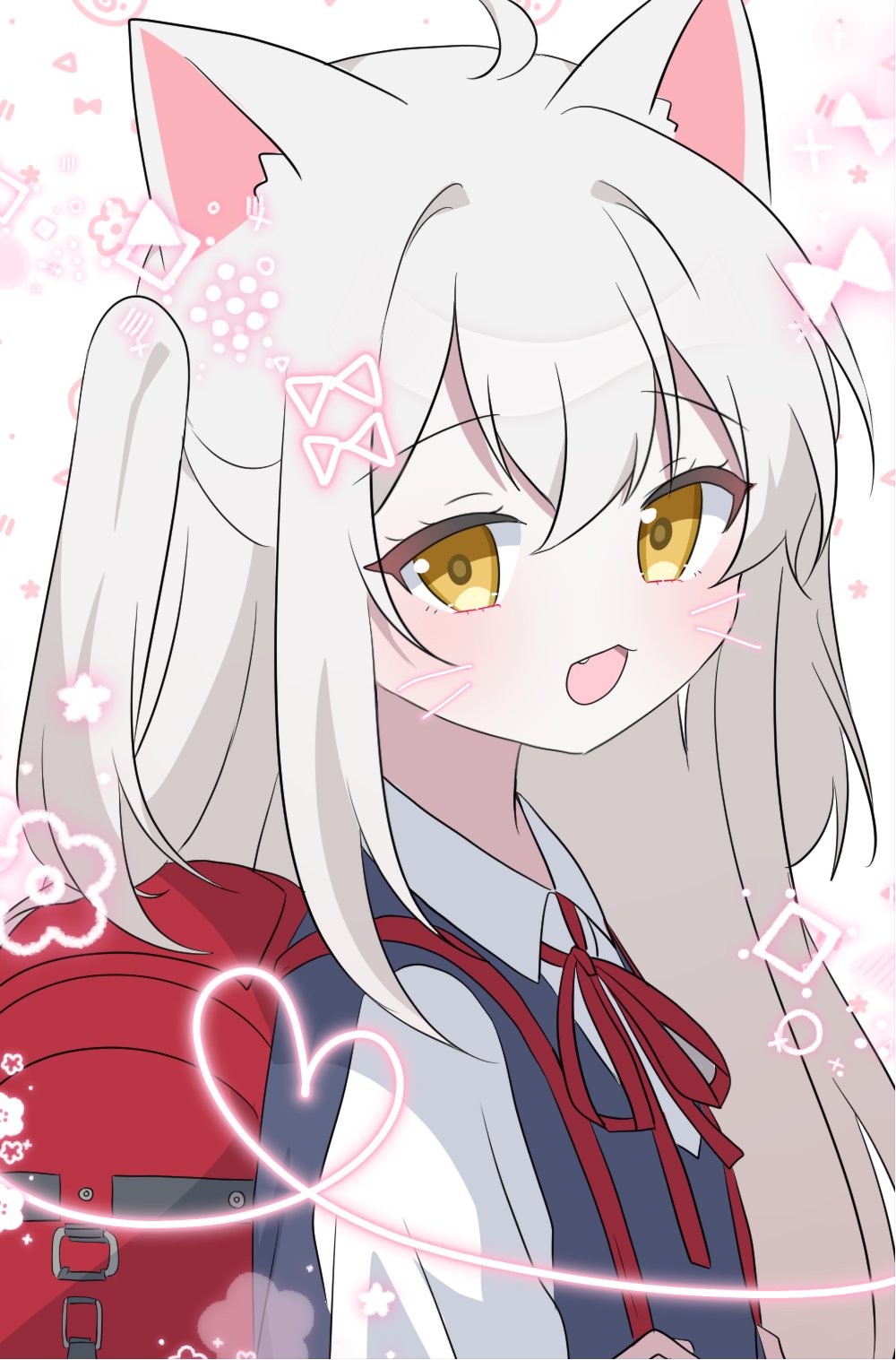 Safebooru - 1girl ahoge animal ears backpack bag blue shirt brown eyes cat ears cat girl fang ...