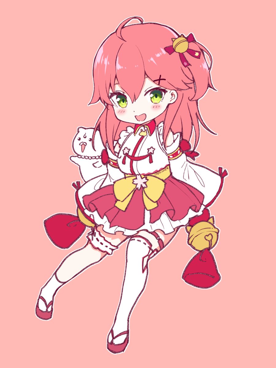 Safebooru - 1girl 35p (sakura miko) :d ahoge asymmetrical legwear bell ...