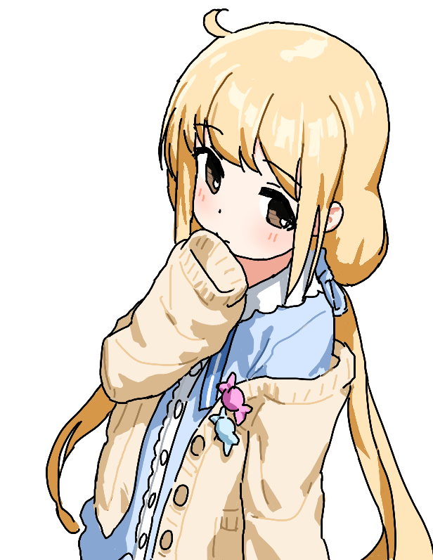 Safebooru - 1girl azmira1534815 blonde hair blue dress blush brown eyes cardigan dress futaba ...