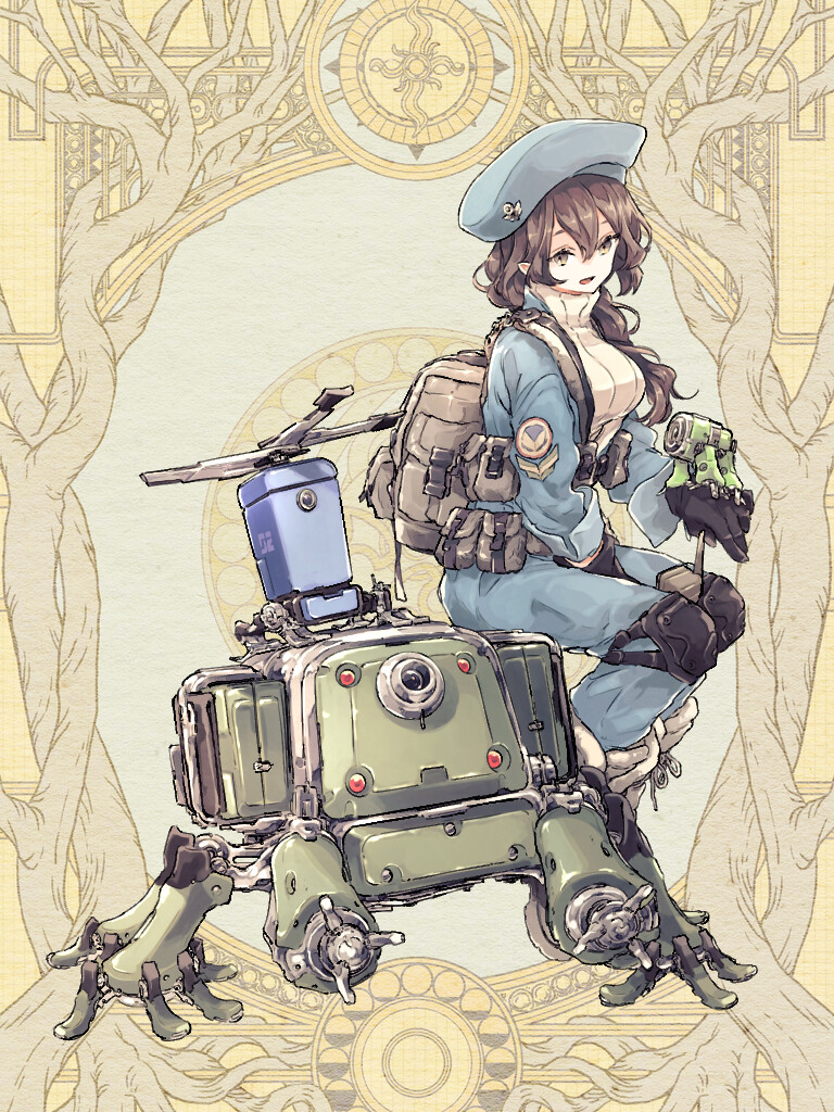 Safebooru - 1girl backpack bag black gloves blue hat blue jacket breasts brown eyes brown hair ...