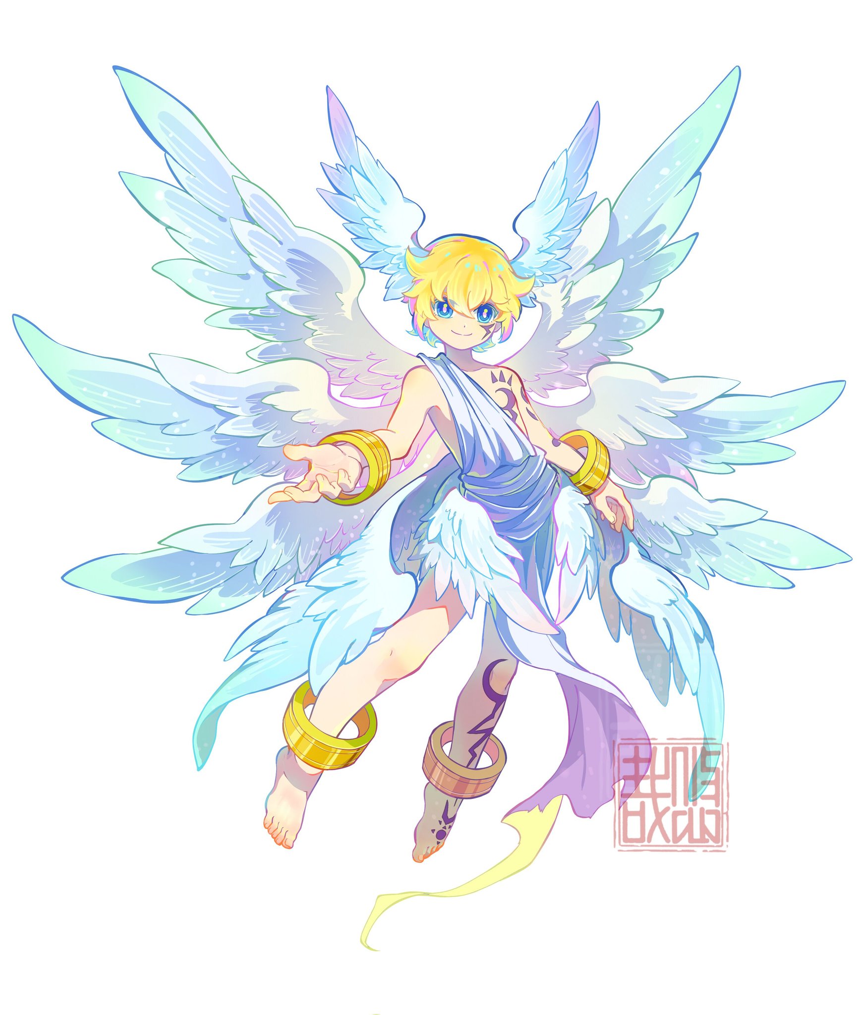 Safebooru - 1boy angel angel wings artist logo bare shoulders blonde ...