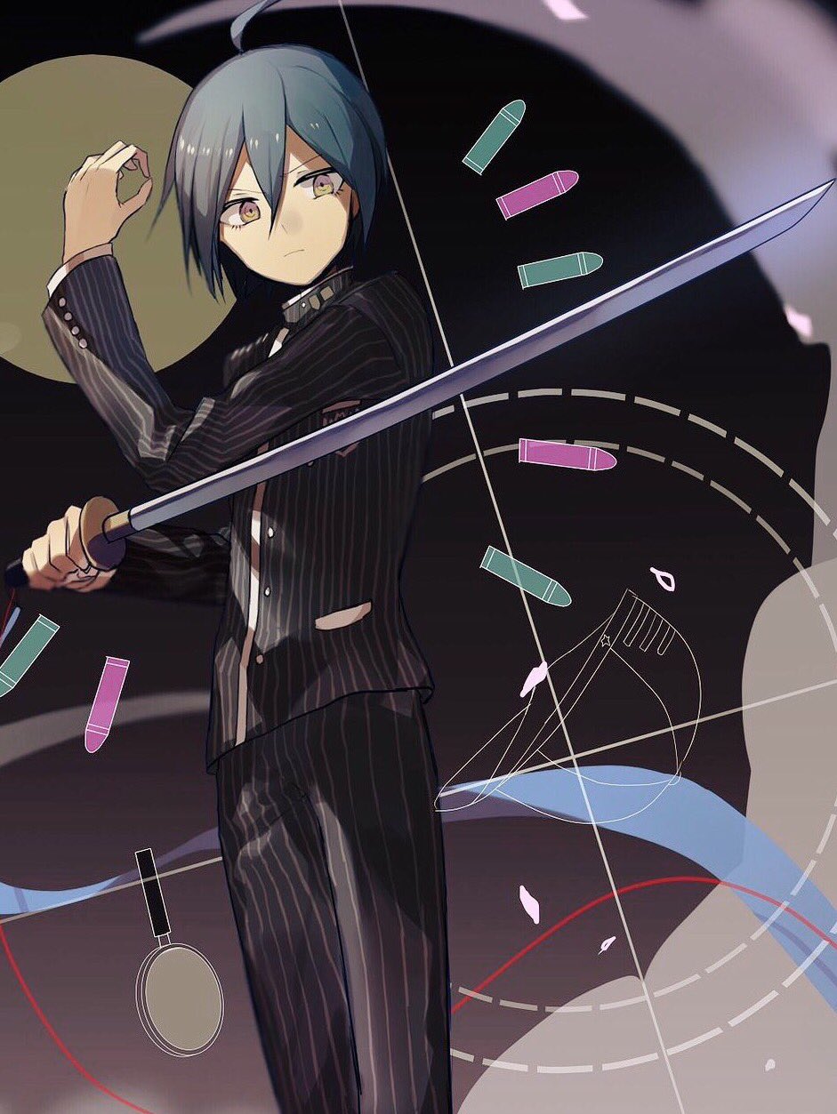 Safebooru - 1boy ahoge baseball cap black background black jacket black pants blue hair bullet ...