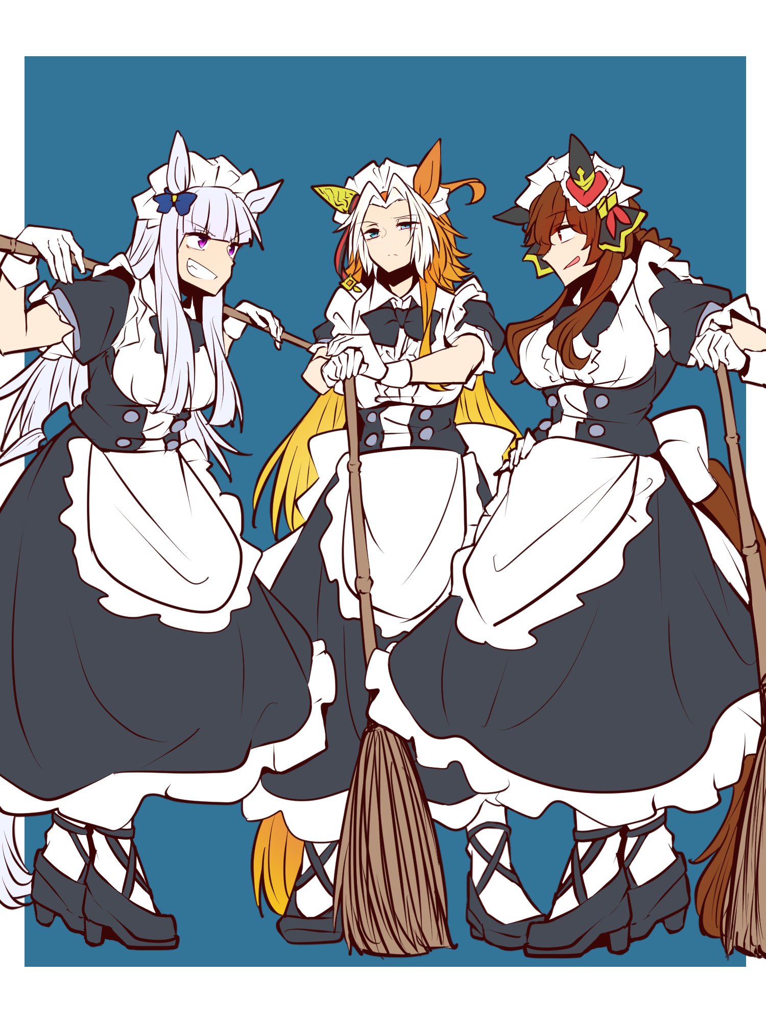 Safebooru - 3girls alternate costume animal ears apron blonde hair blue background blue bow ...