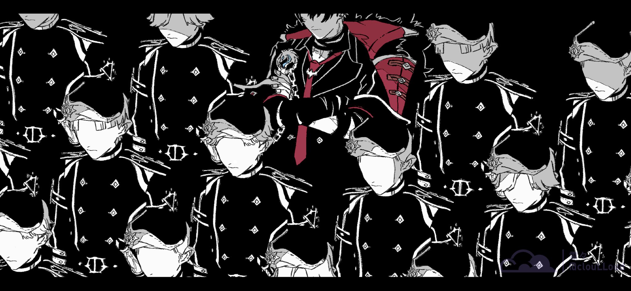 Safebooru - 6+boys :| arms at sides bandaged arm bandaged neck bandages black background black ...