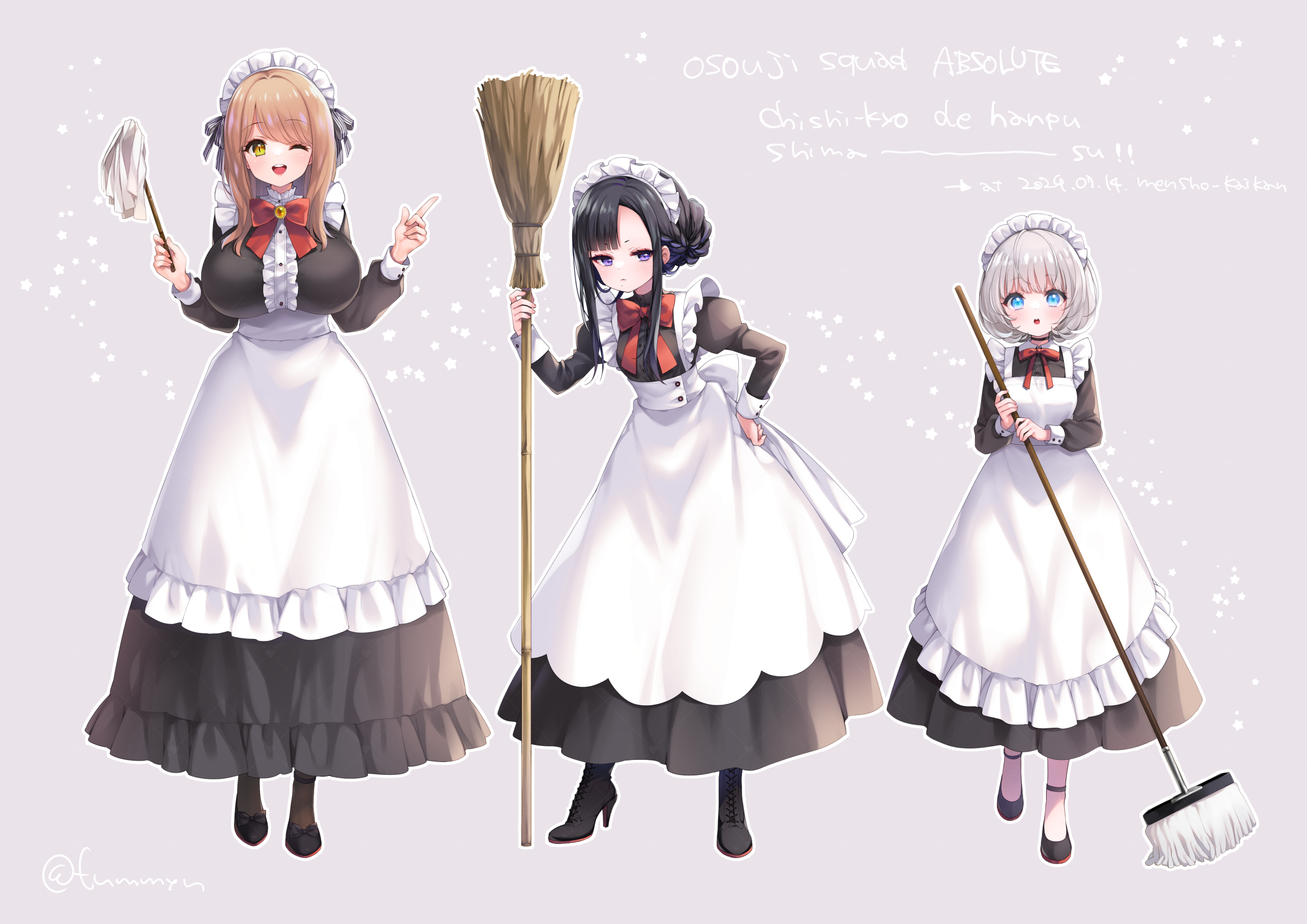 Safebooru - 3girls :o ;d absolute (nikke) alternate costume apron asymmetrical bangs black dress ...