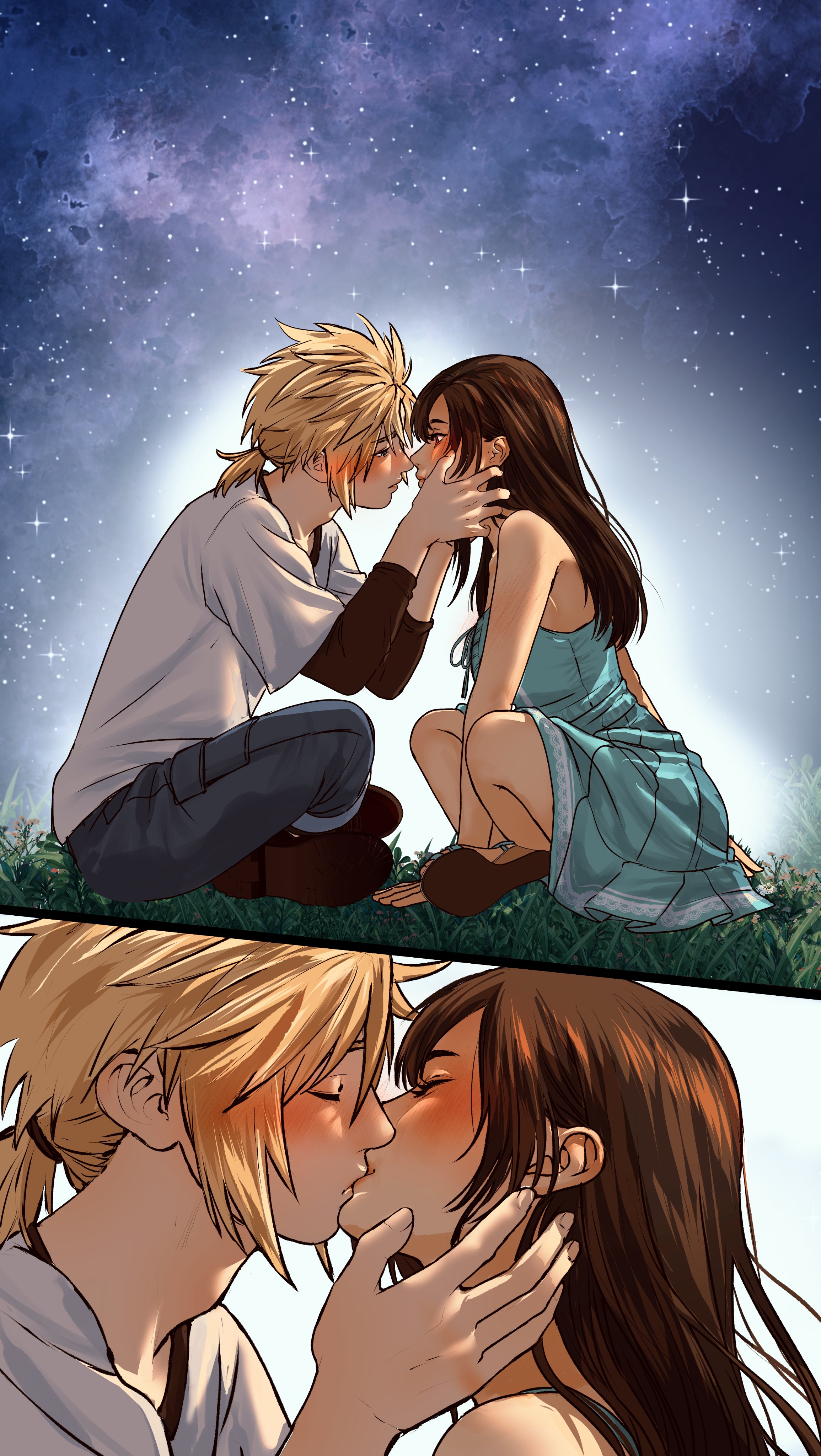 Safebooru - 1boy 1girl absurdres aged down aqua dress arm support bare shoulders black hair ...