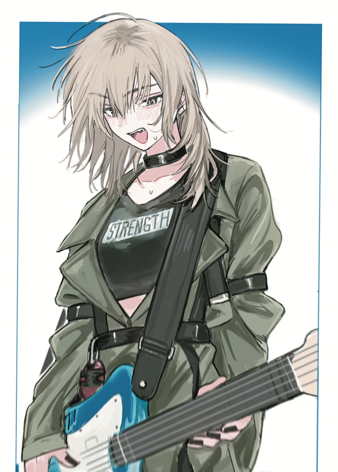 Safebooru - 1girl black choker black nails black shirt blue background blush choker commentary ...