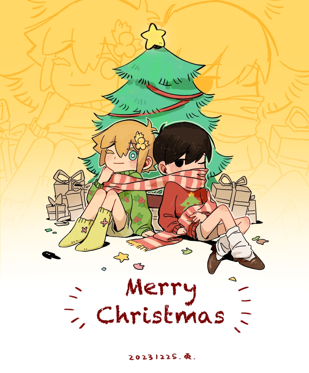 Safebooru - 2boys aged down antenna hair arm support asymmetrical legwear basil (faraway) (omori ...