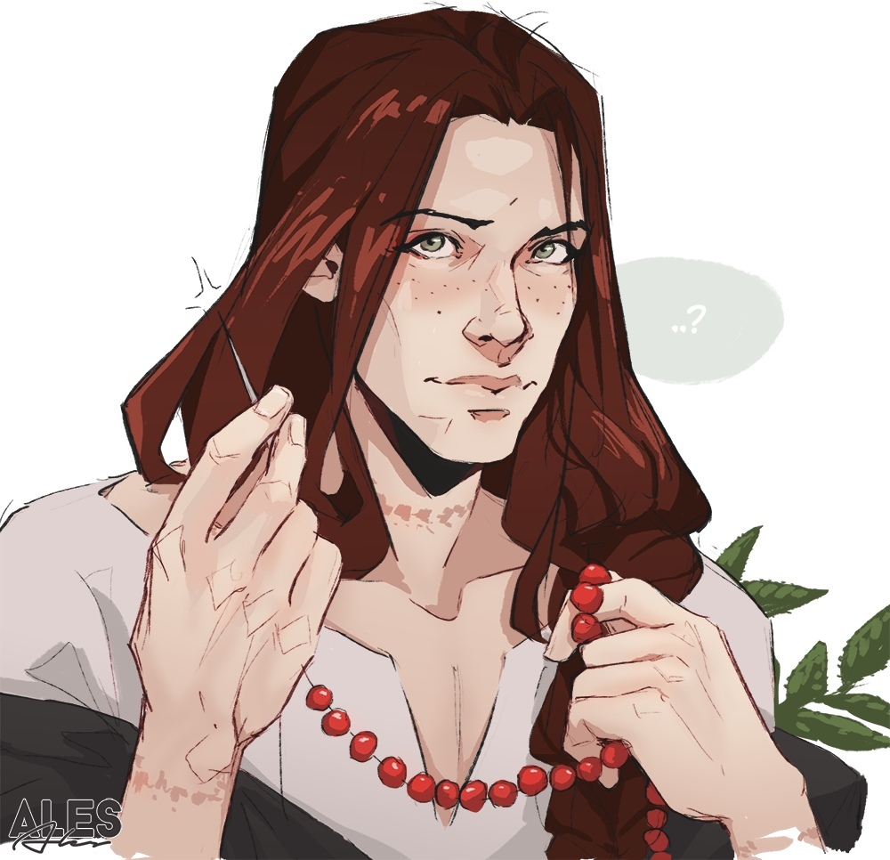 Safebooru - 1boy ? ales artist logo bead necklace beads black shawl freckles green eyes hands up ...