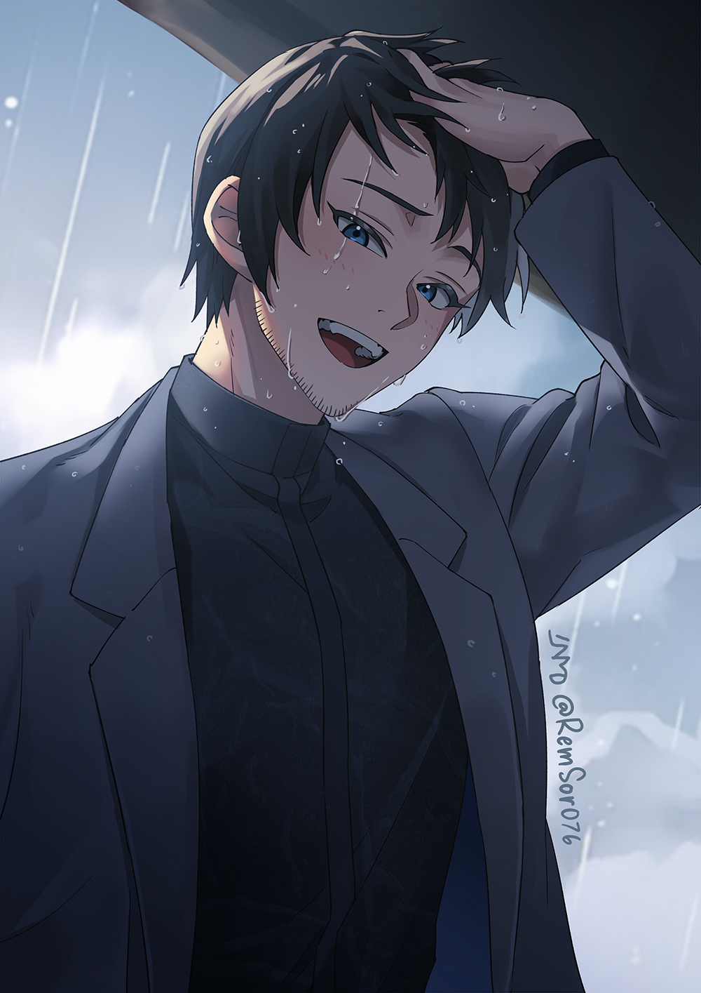 Safebooru - 1boy black shirt blazer blue eyes blurry blurry background brown hair commentary ...