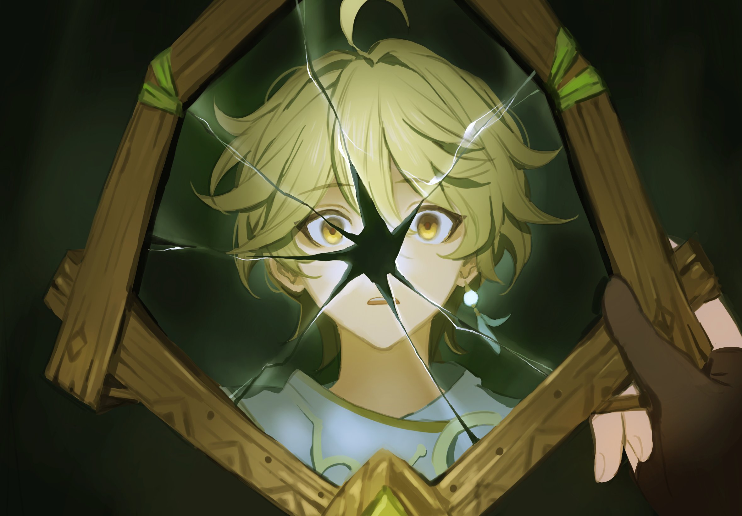 Safebooru - 0p78xopwsj83779 1boy aether (genshin impact) ahoge black gloves blonde hair broken ...