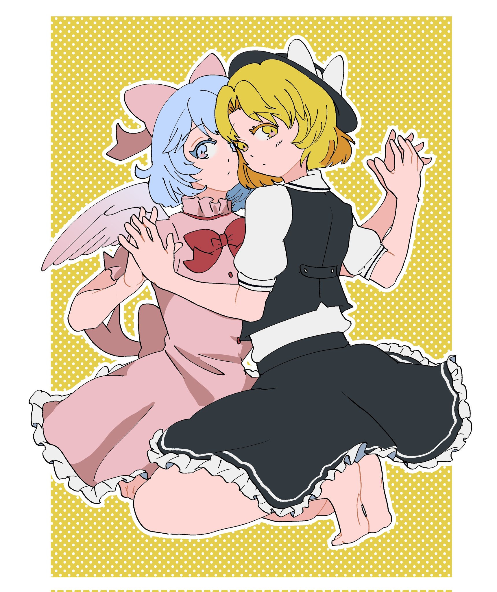 Safebooru - 2girls angel wings back bow barefoot black hat black skirt black vest blonde hair ...