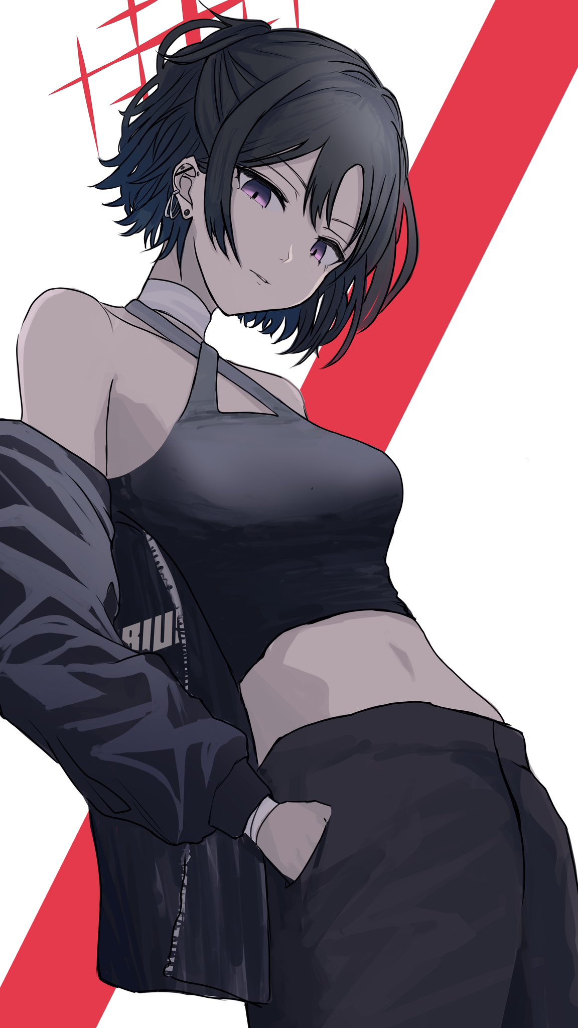 Safebooru - 1girl aka afl o black jacket black pants blue archive criss-cross halter halo ...