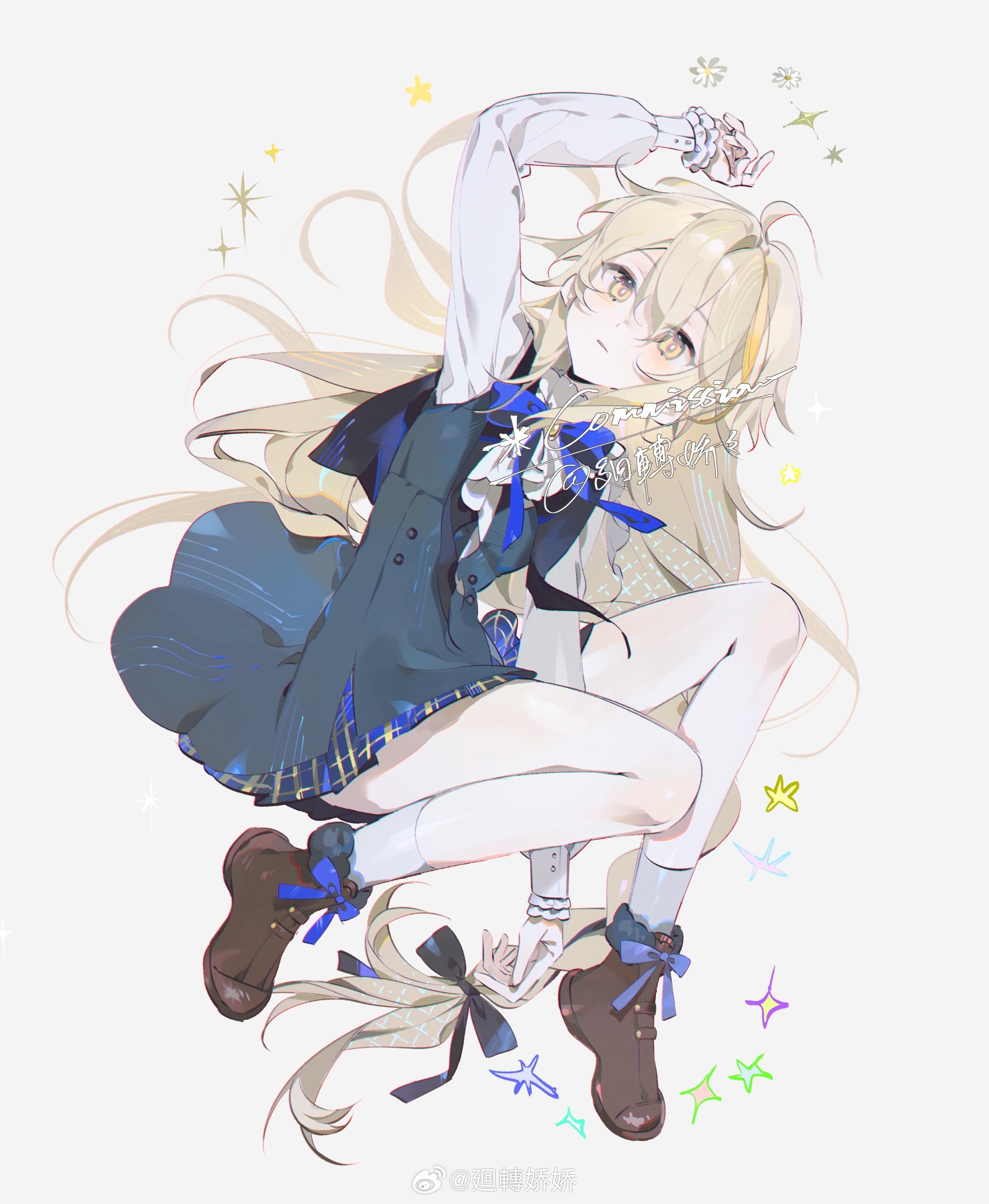 Safebooru - 1girl absurdres ahoge arm up baiwei lai black dress blonde hair blue bow blue skirt ...