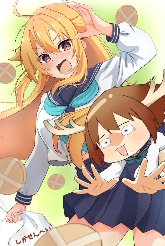 Safebooru - 2girls :3 :d ahoge aqua neckerchief aqua serafuku bag blonde hair blue skirt blush ...
