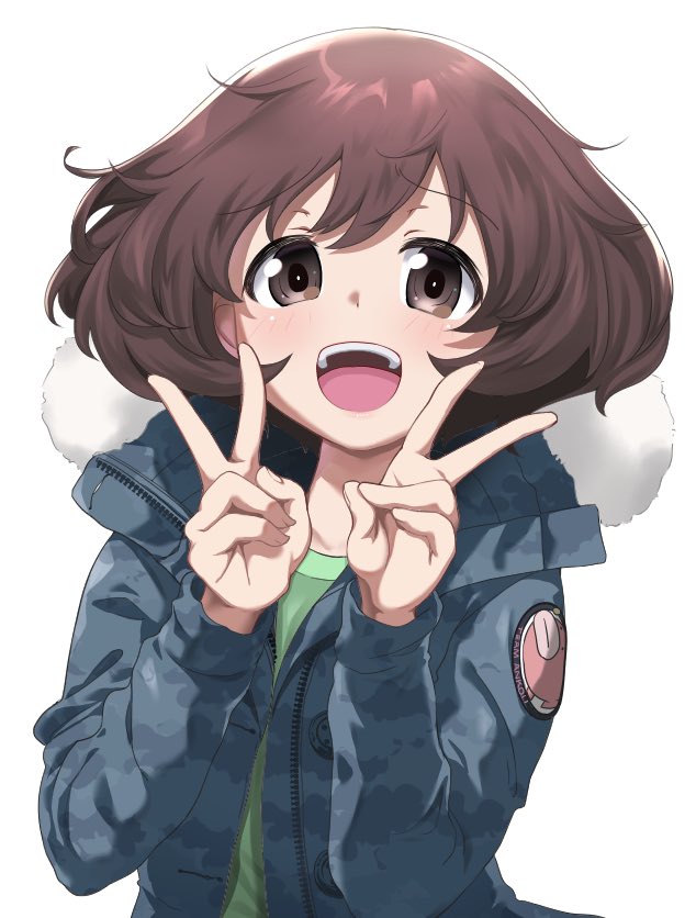 Safebooru - 1girl :d akiyama yukari blue jacket blush bob cut brown eyes brown hair casual ...