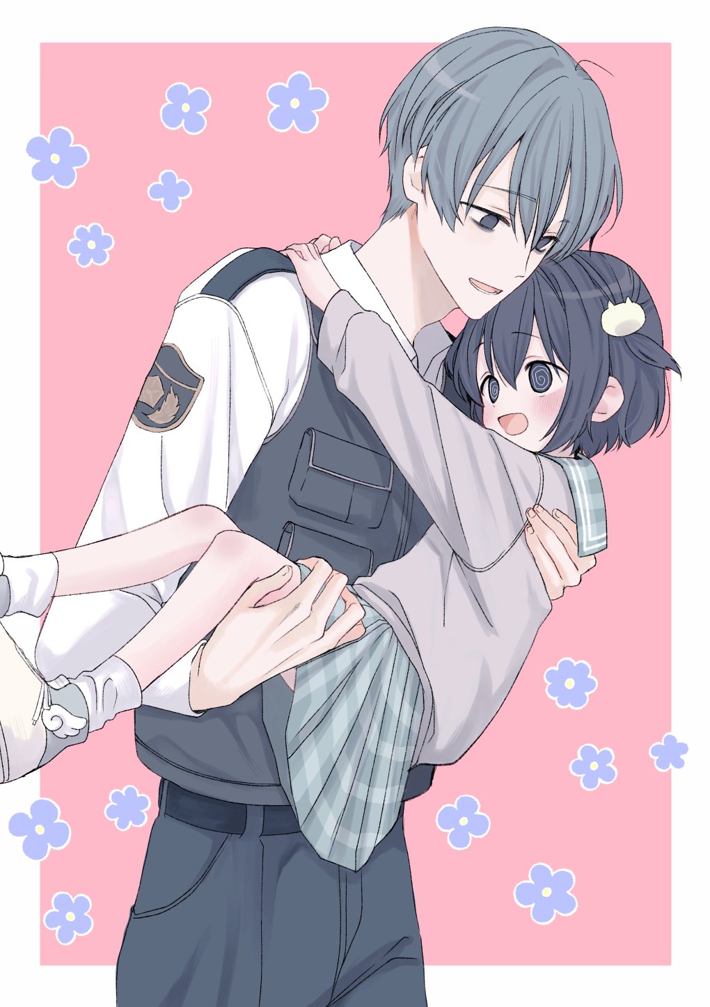 Safebooru - 1boy 1girl aged down black hair carrying empty eyes floral background hair ornament ...