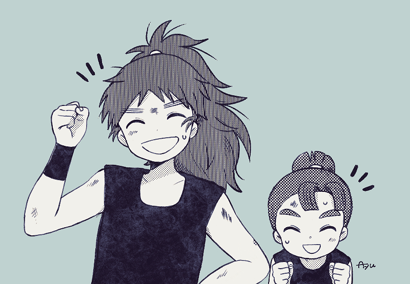 Safebooru - 2boys ayu (mog) blue background character request clenched ...