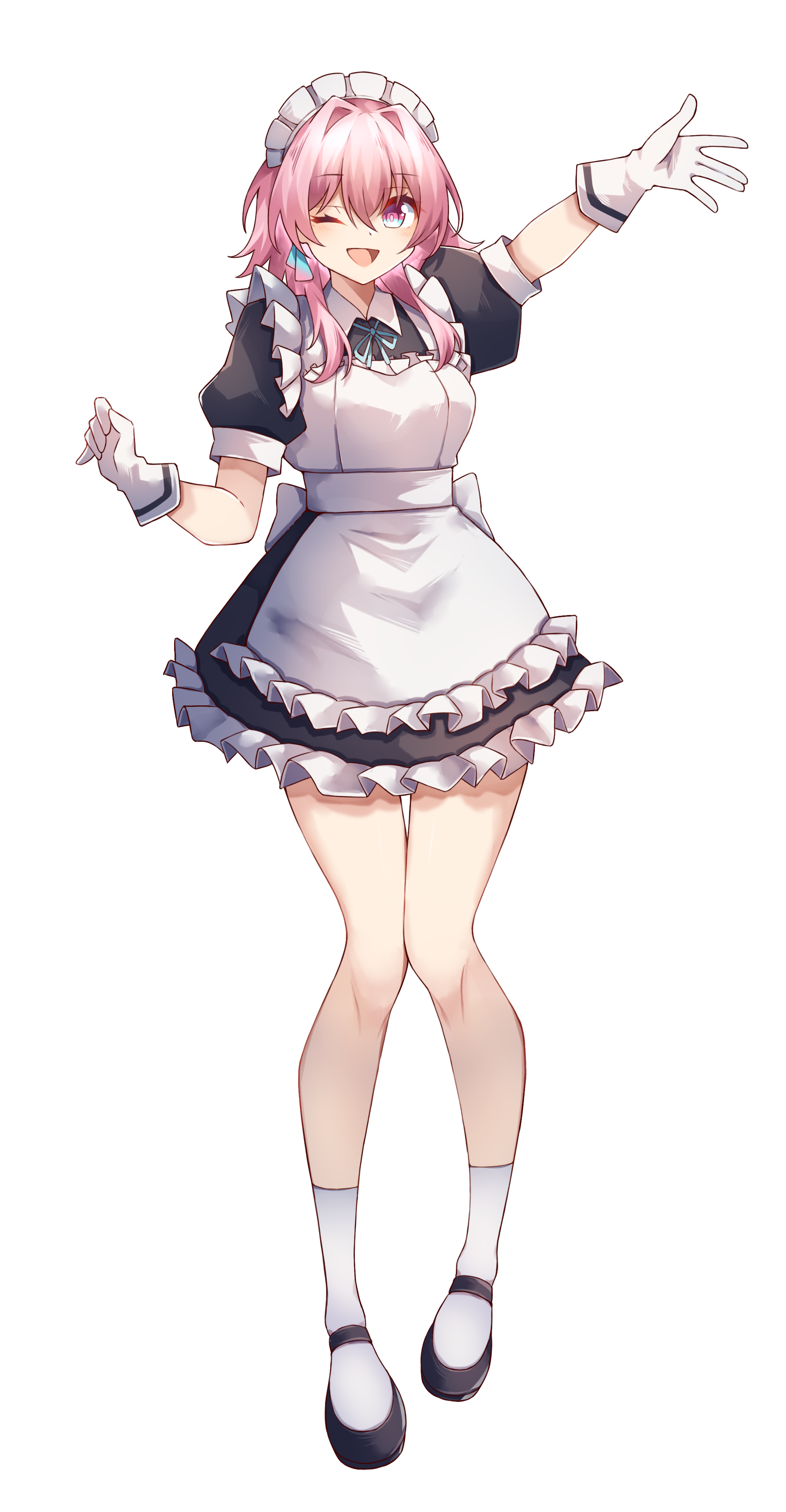 Safebooru - 1girl ;d absurdres alternate costume apron arm up bare legs ...