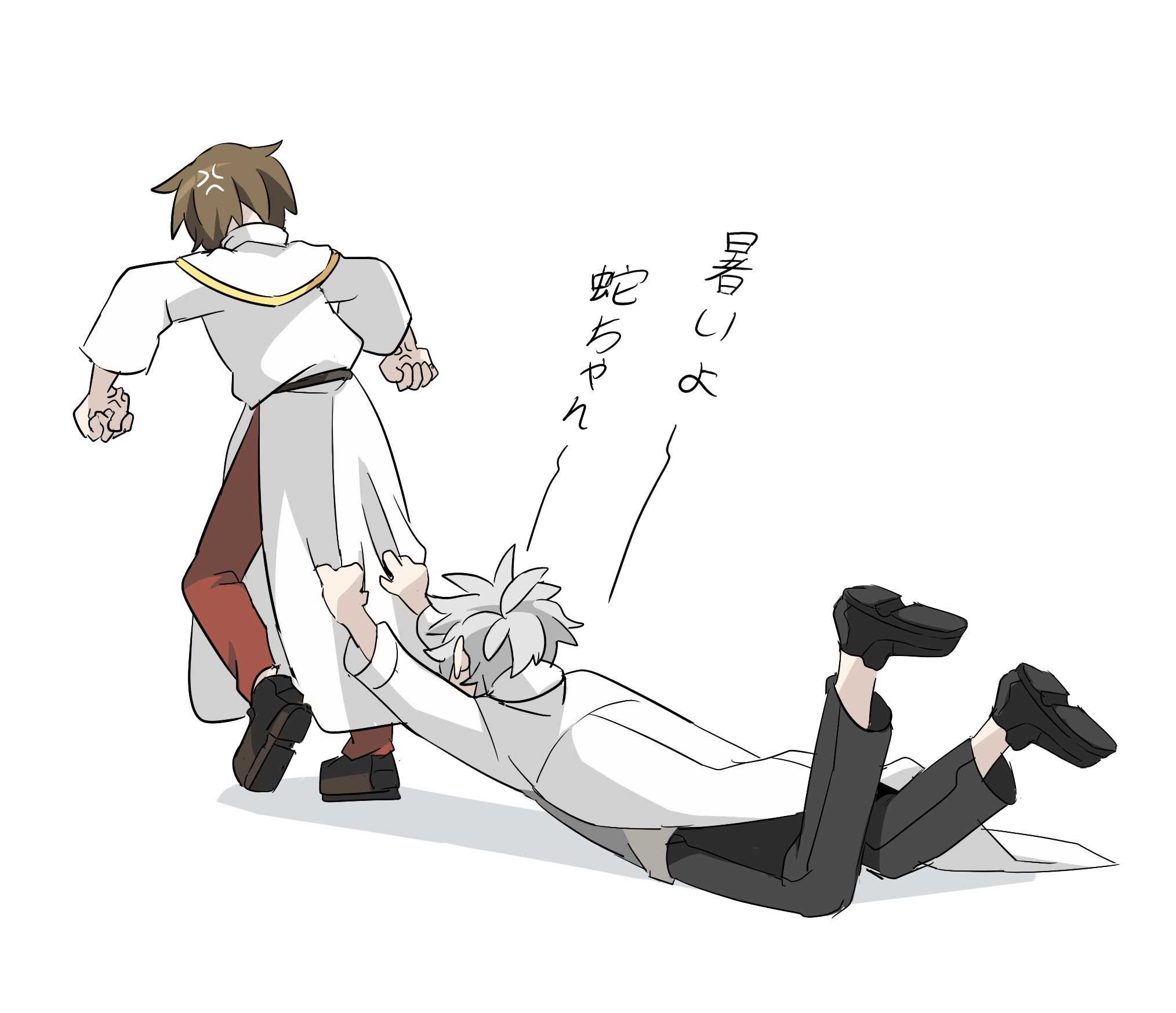 Safebooru - 2boys anger vein belt black belt black footwear black pants brown footwear brown ...