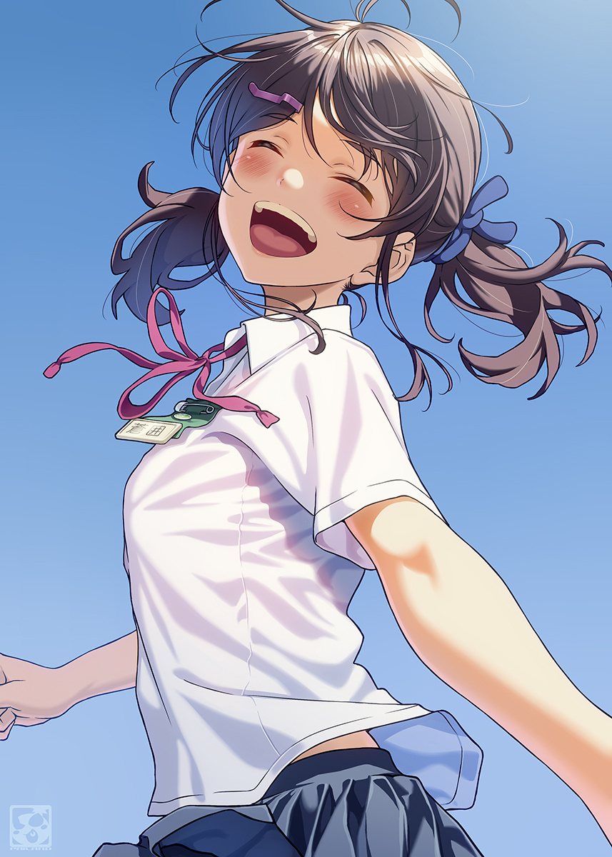 Safebooru - 1girl aoi sora (pairan) black hair blue background blue skirt blush breasts closed ...