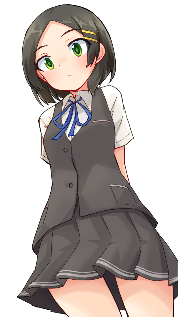 Safebooru - 1girl arms behind back black hair black skirt black vest blue ribbon collared shirt ...