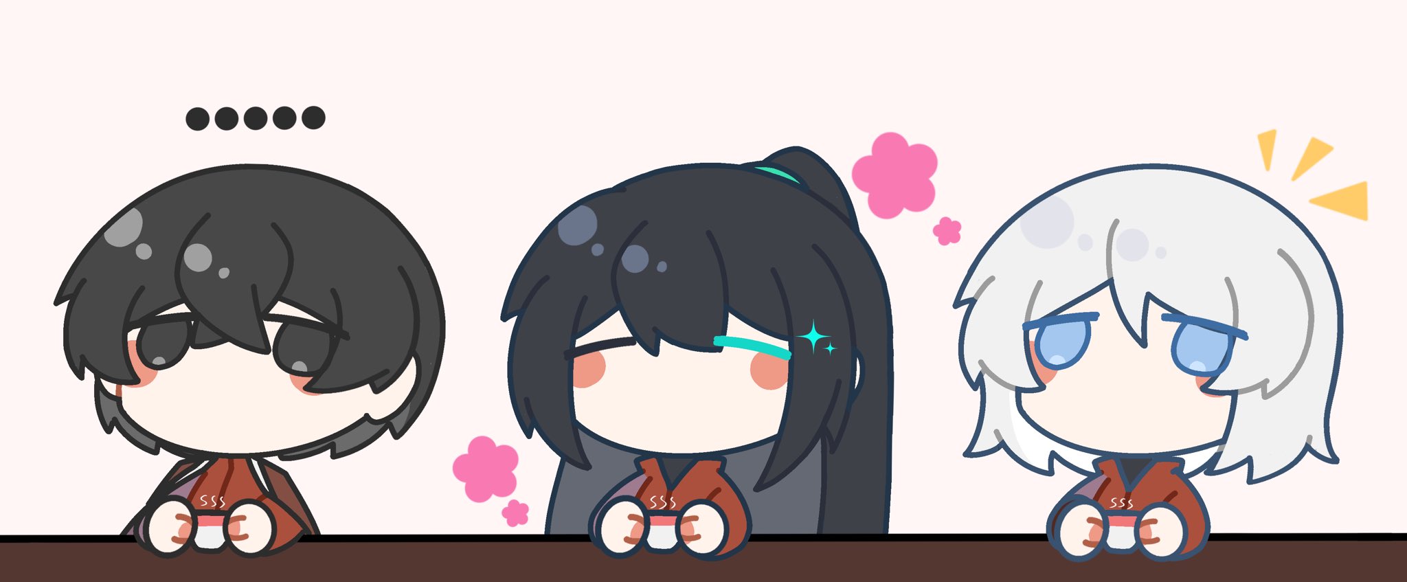 Safebooru - 1girl 2boys black eyes black hair blue eyes chibi cup faust ...