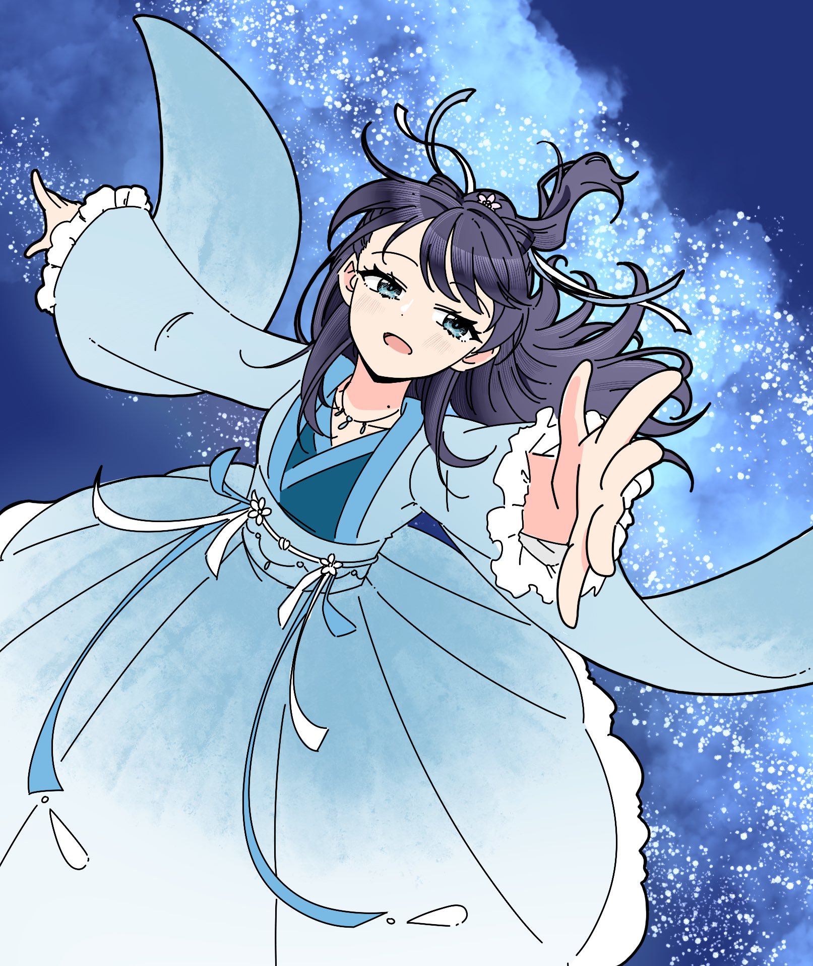 Safebooru - 1girl blue background blue dress blue eyes blue hair blue kimono blue ribbon ...