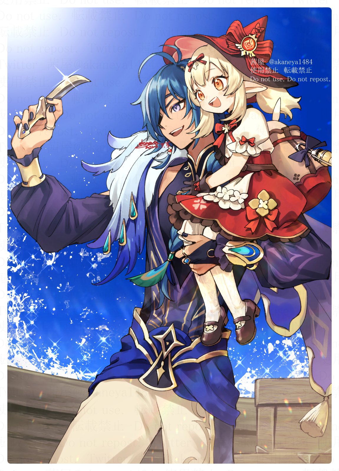 Safebooru - 1boy 1girl :d antenna hair artist name backpack bag belt black gloves black nails ...