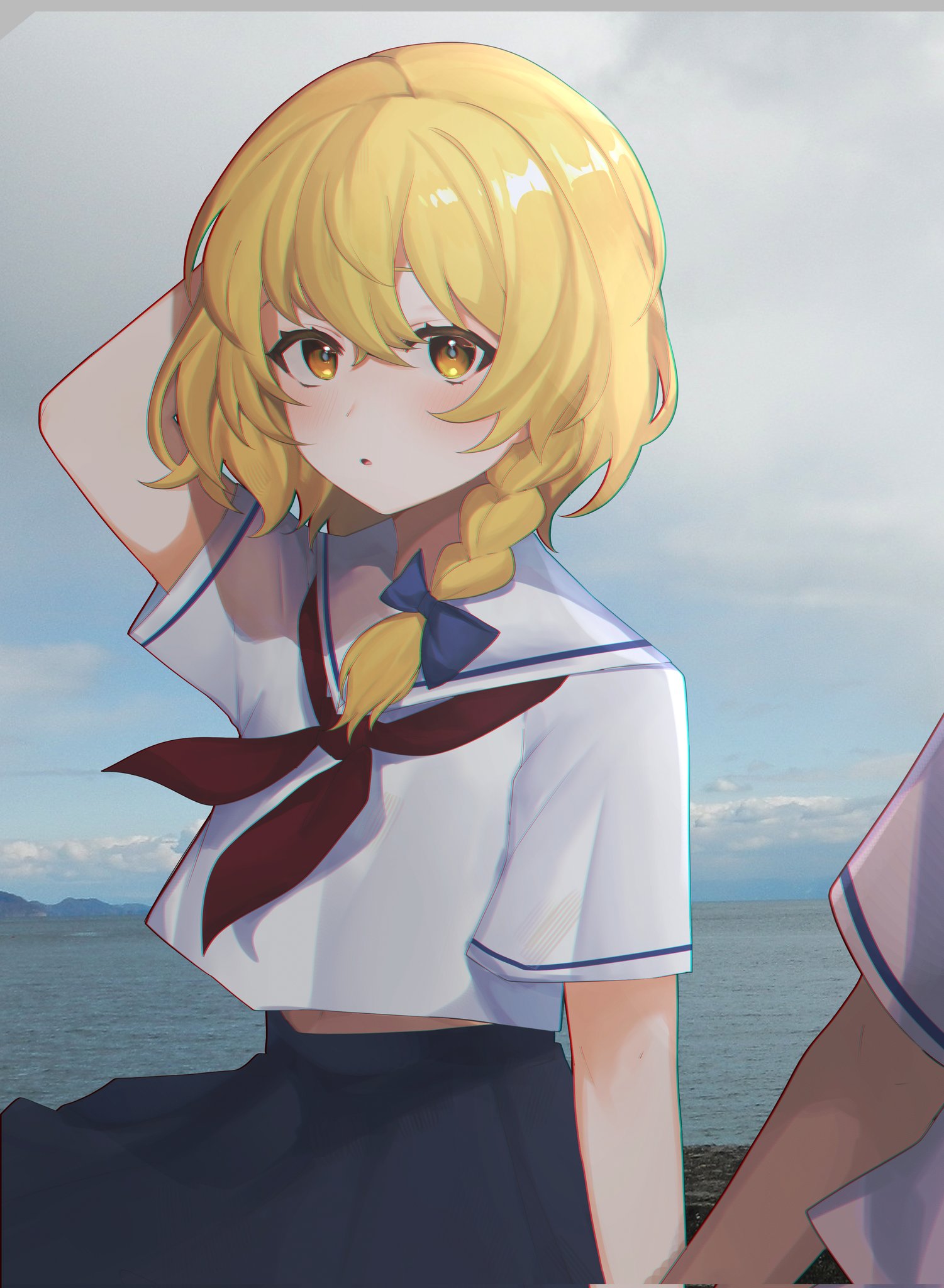 Safebooru - 1girl 1other :o alternate costume arm behind head arm up black skirt blonde hair ...