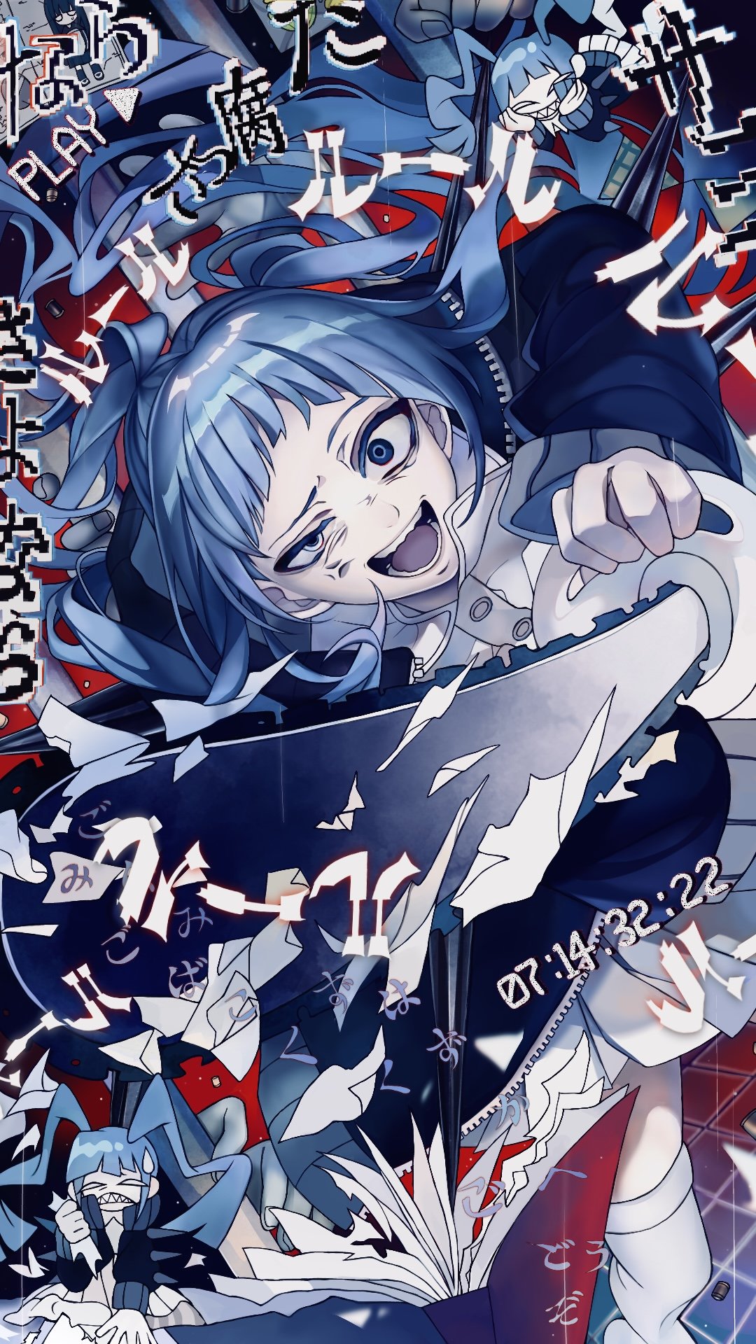 Safebooru - 1girl ado (utaite) blue eyes blue hair blue jacket chainsaw ...