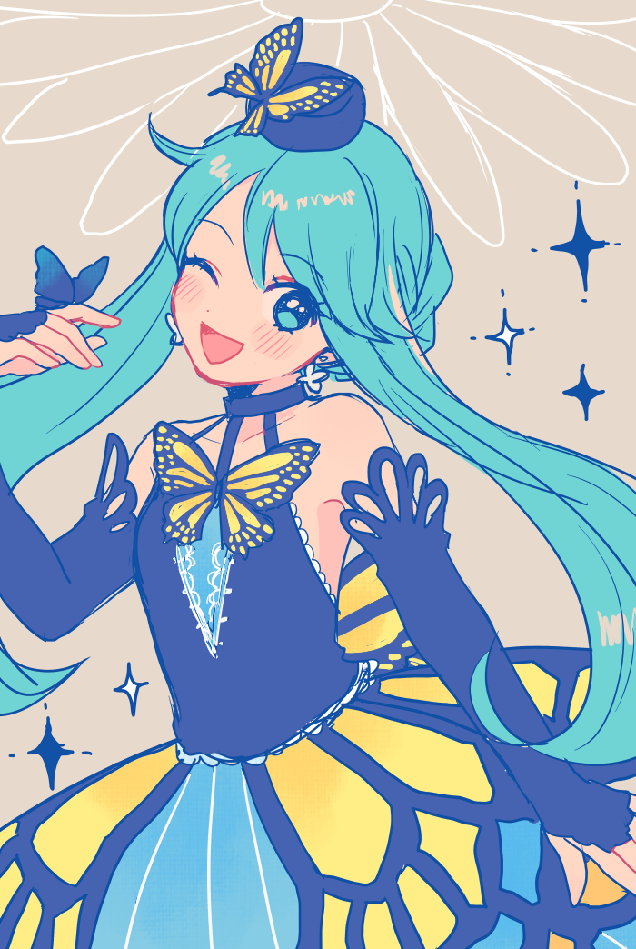 Safebooru - 1girl animal print blue arm warmers blue eyes blue hair blue hat blush bug butterfly ...