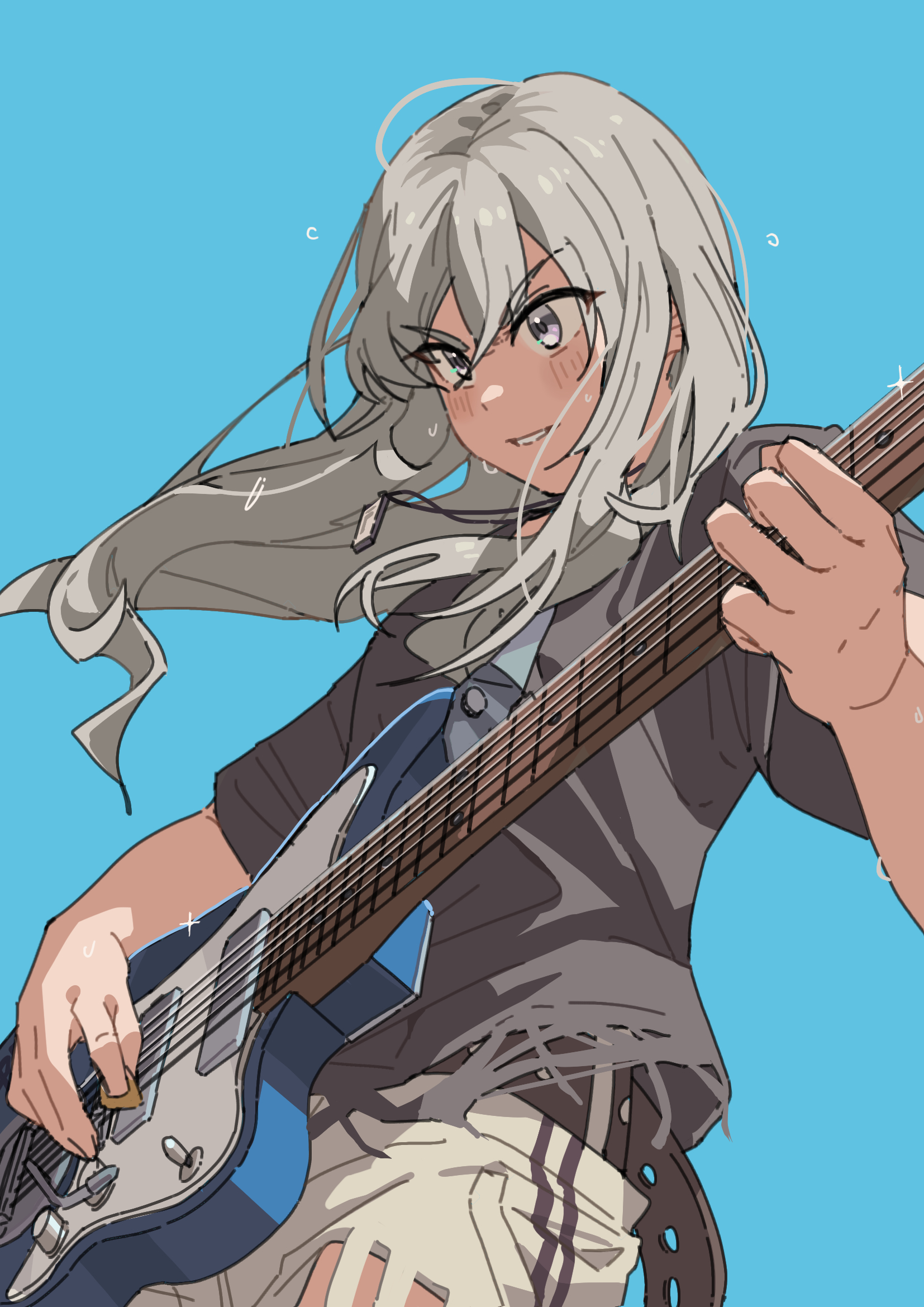 Safebooru - 1girl belt blue background commentary electric guitar fender jazzmaster floating ...