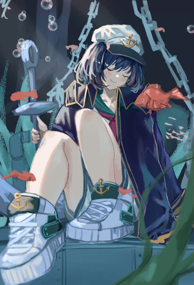 Safebooru - 1girl anchor anchor symbol black coat black hair blurry bubble chain closed eyes ...