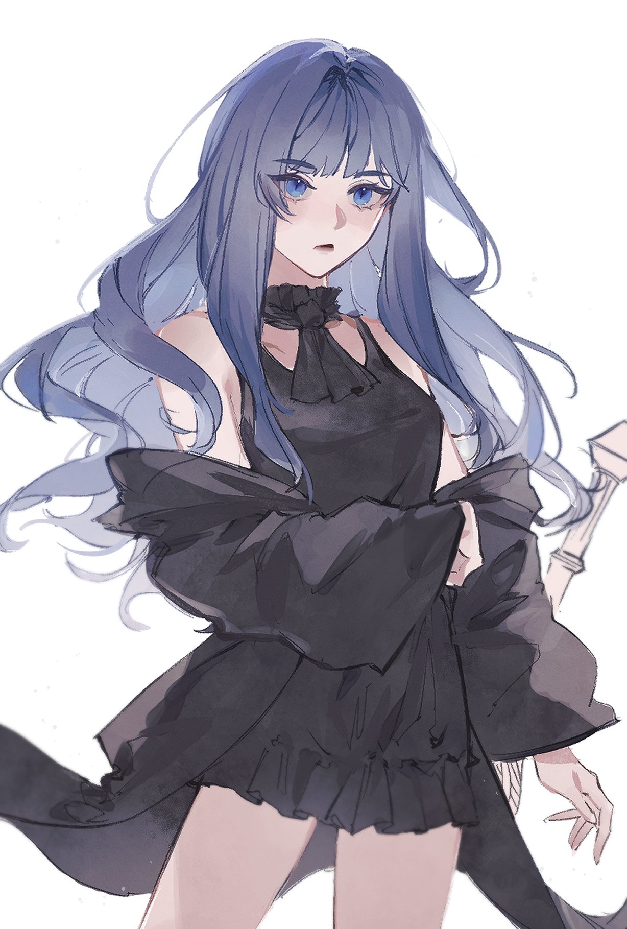 Safebooru - 1girl bare shoulders bb3oe black dress black jacket blue eyes blue hair closed mouth ...