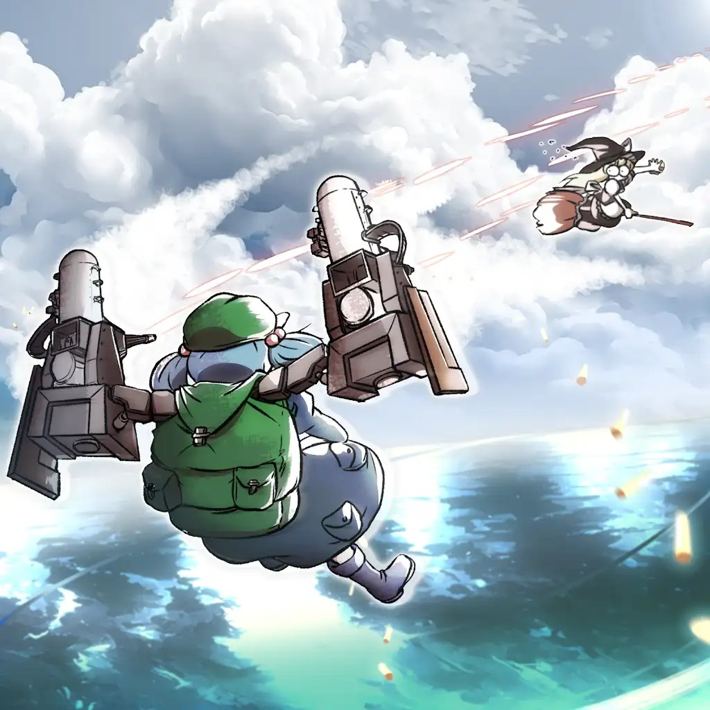 Safebooru - 2girls apron backpack bag blonde hair blue hair boots bow broom broom riding clouds ...