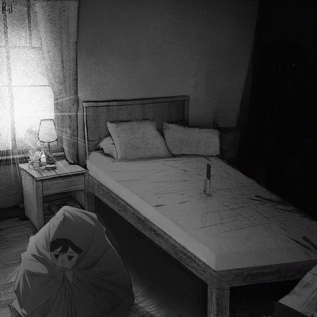 Safebooru - 1boy bed blanket greyscale indoors knife lamp male focus ...