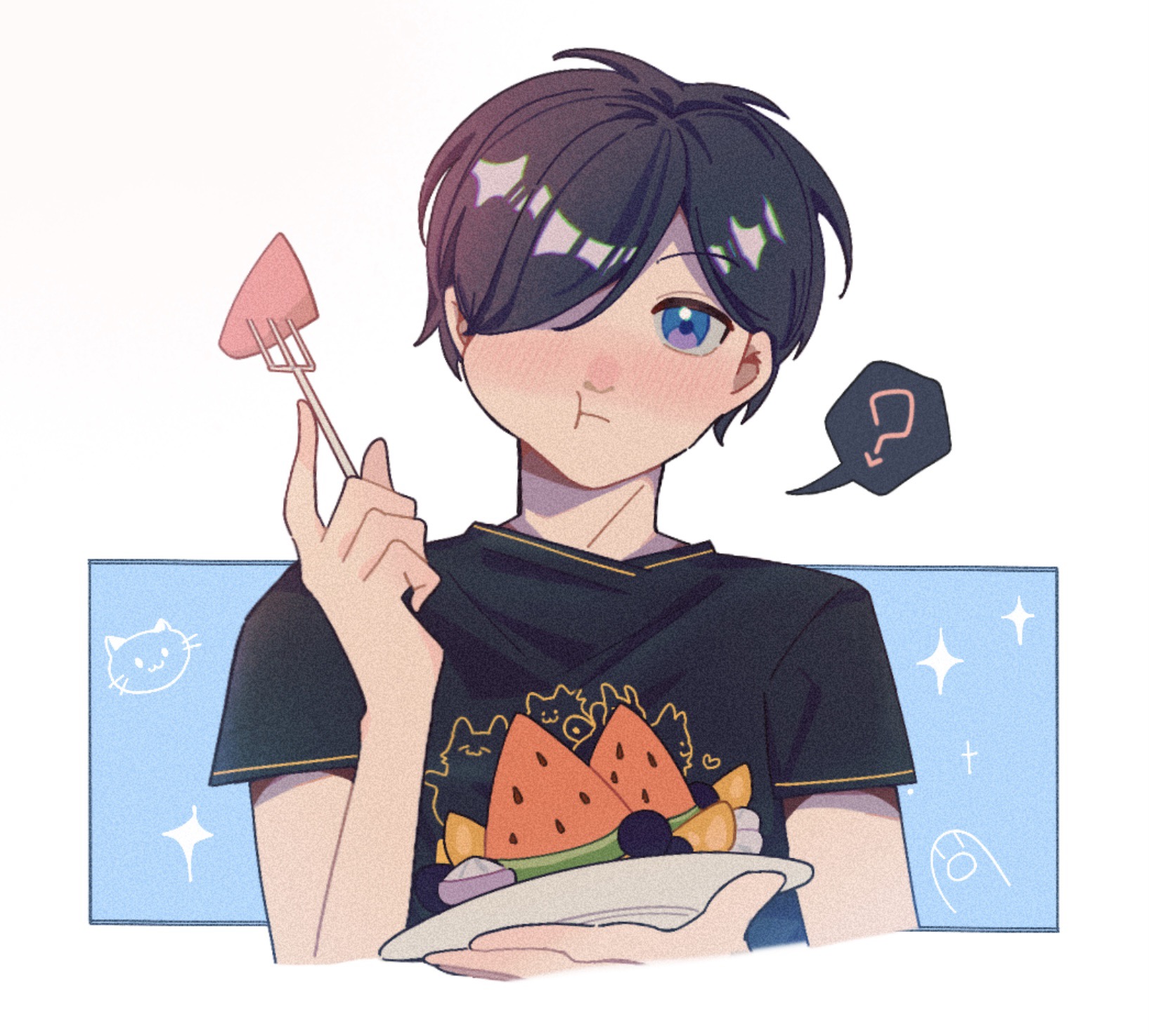 Safebooru - 1boy :t ? aiba ibuki black hair black shirt chinese commentary closed mouth ...