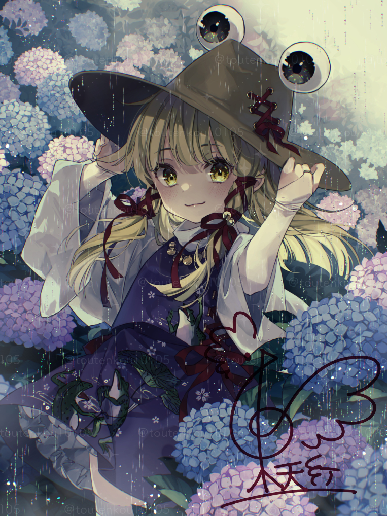 Safebooru - 1girl blonde hair brown hat closed mouth flower hair ribbon hat hydrangea long hair ...