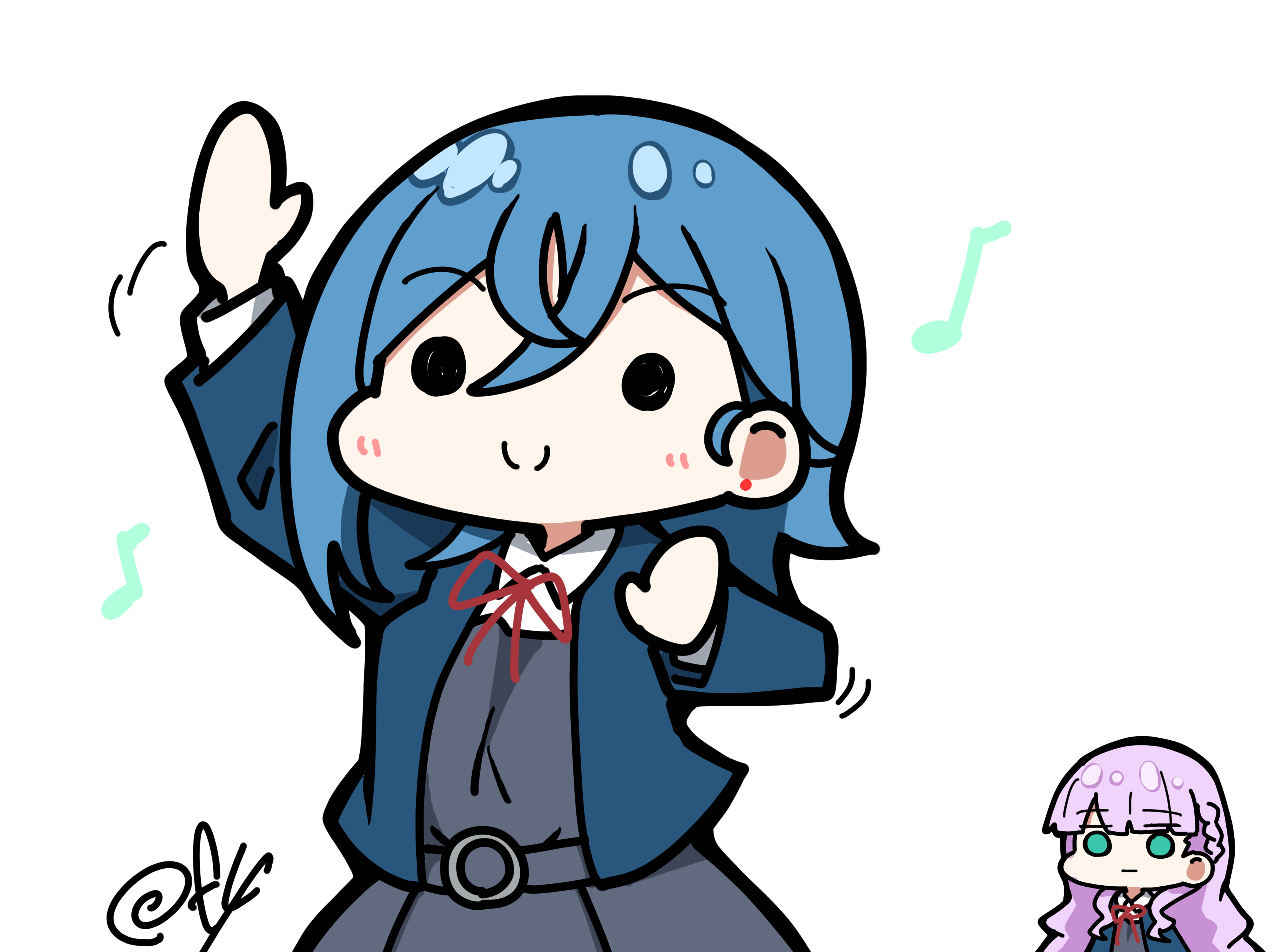 Safebooru - 2girls :| absurdres arm up blue hair blue jacket blunt bangs blush braid chibi ...